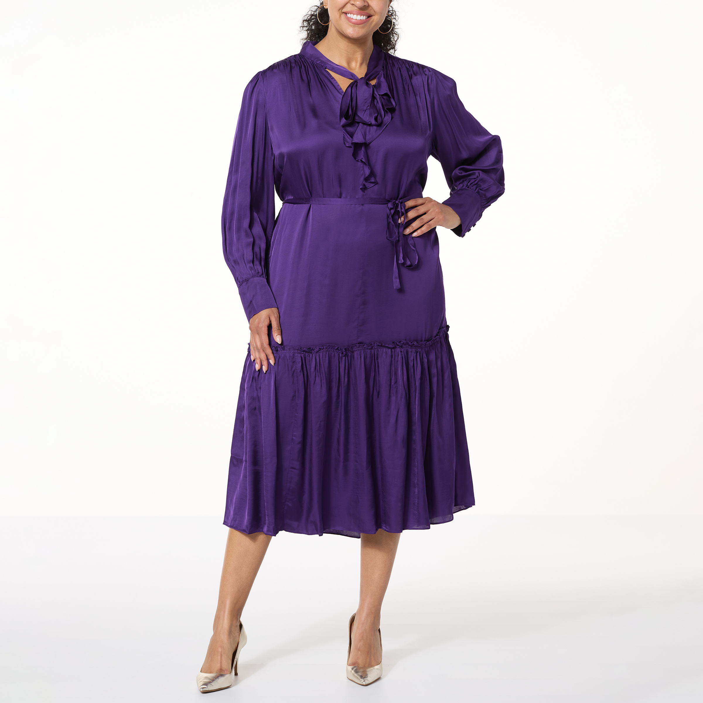 La Joie Ruffle Front Tiered Midi Dress | HSN