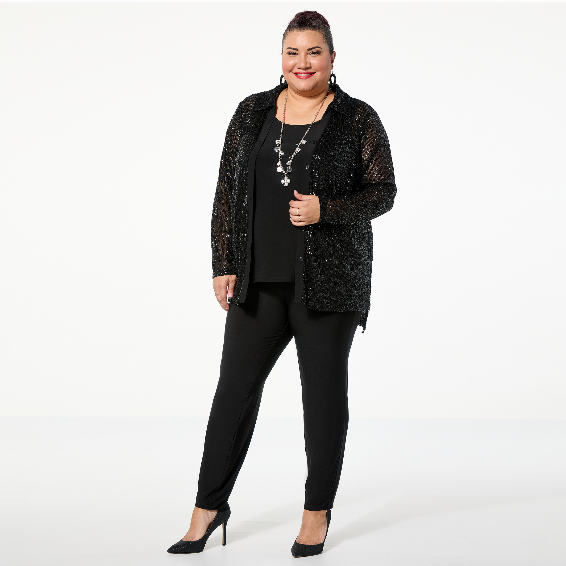 Nina Leonard 3-piece Sequined Button-Front Top, Tank and Pant Set | HSN