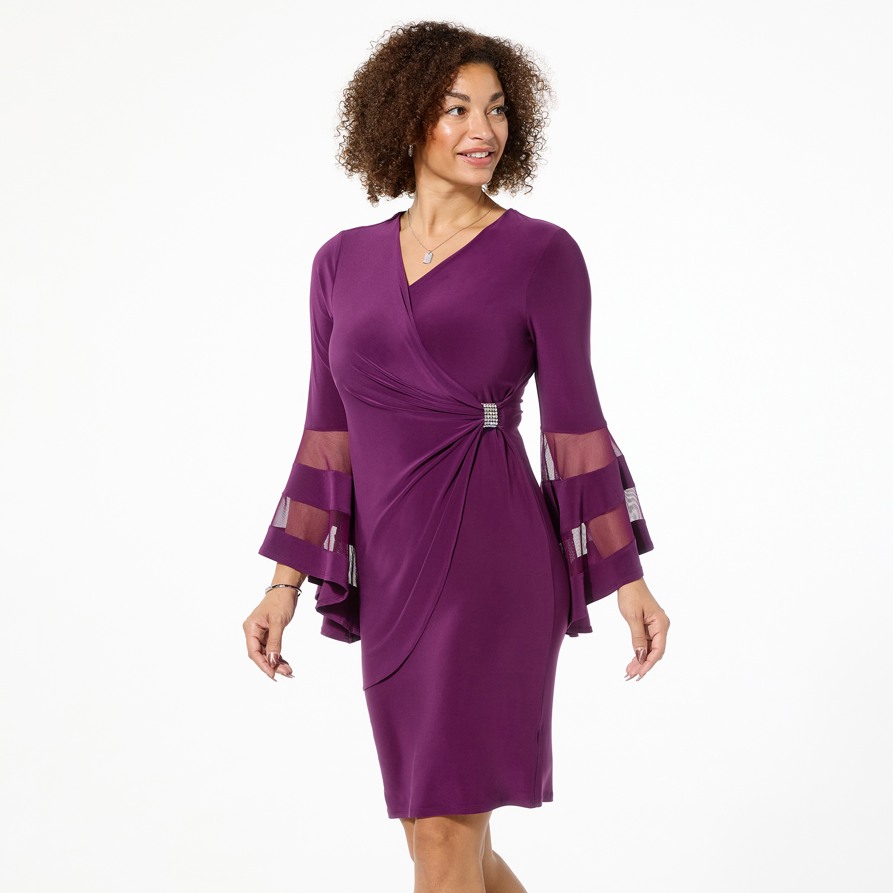 Nina Leonard Bell-Sleeve Faux Wrap Dress - 23349917 | HSN