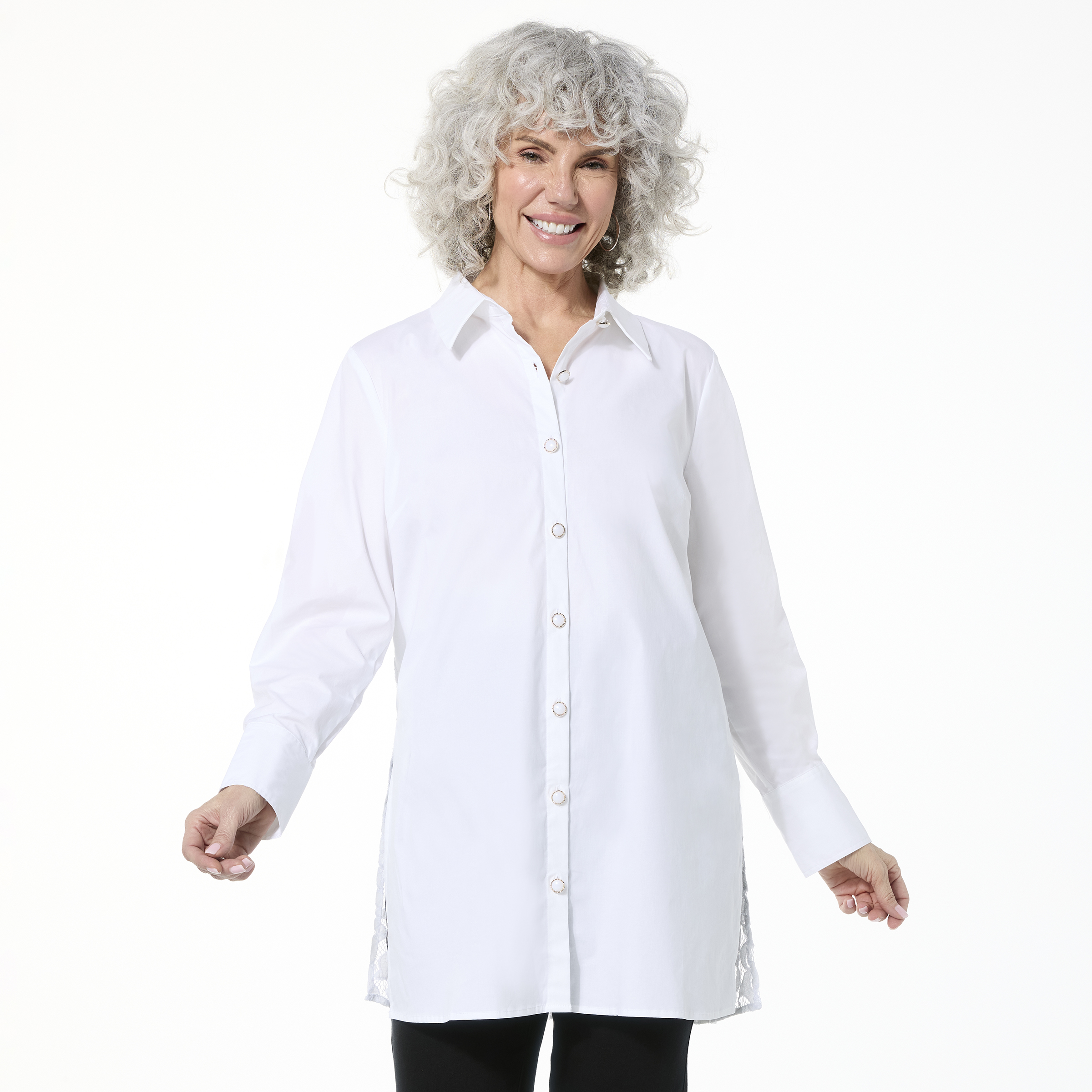 Colleen Lopez Woven Button Front Topper with Lace Back | HSN