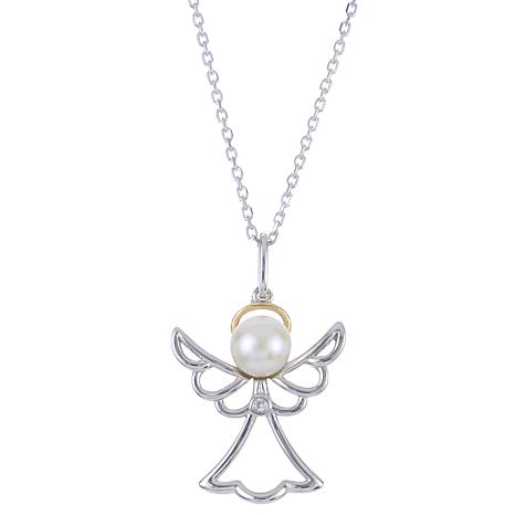 Sterling Silver and 10K Cultured Pearl and Diamond Angel Necklace | HSN