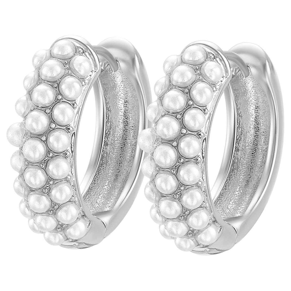 Stately Steel Half Small Faux Pearl Hoop Earrings - 21806188 | HSN