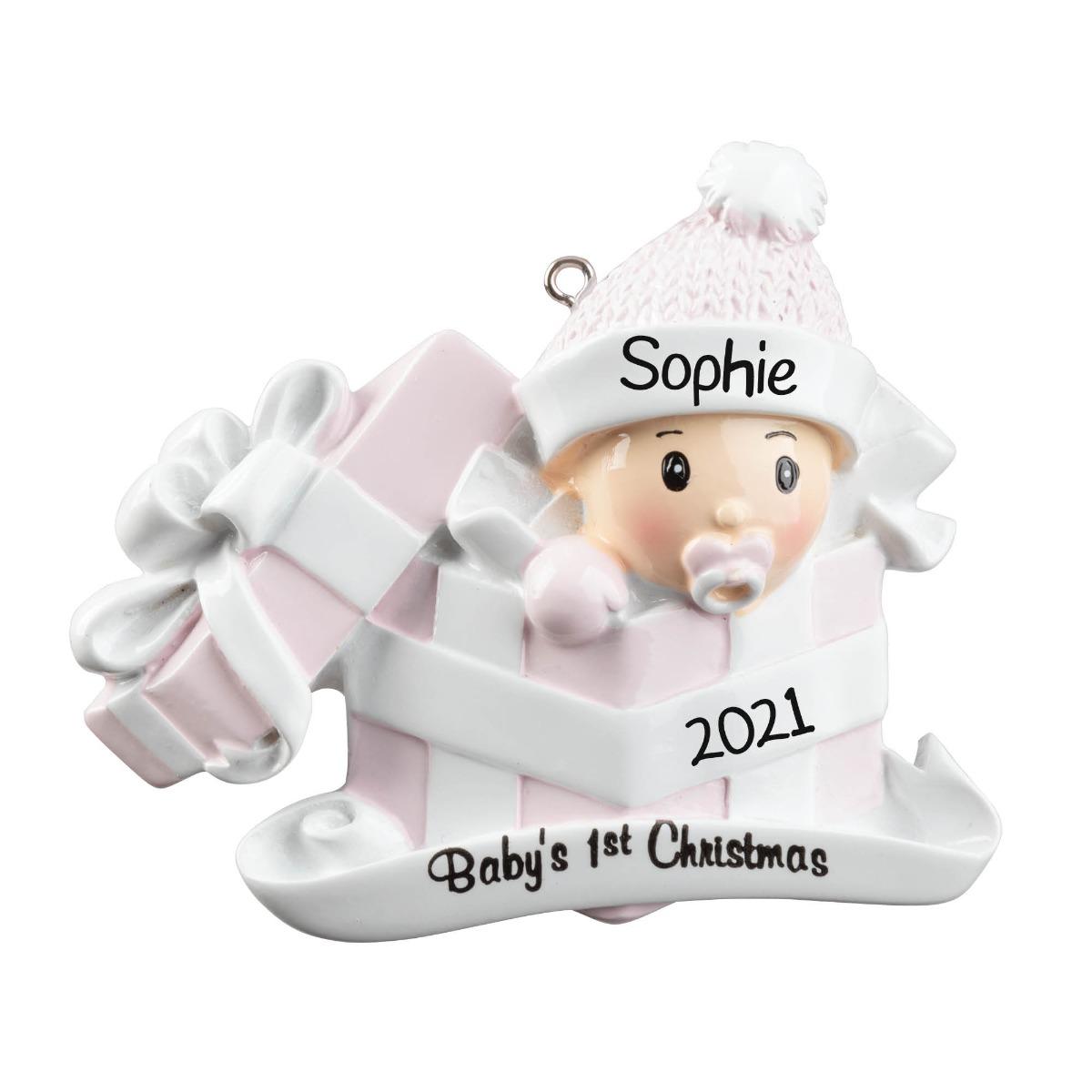 Custom Personalization Baby Girl in Present Ornament | HSN