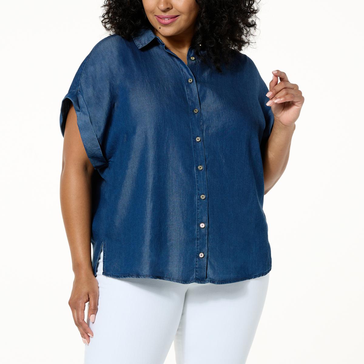 Jaclyn Smith Woven Chambray Short-Sleeve Button Front Top - 20770159 | HSN Jaclyn Smith Woven Chambray Short-Sleeve Button Front Top - 20770159 | HSN
