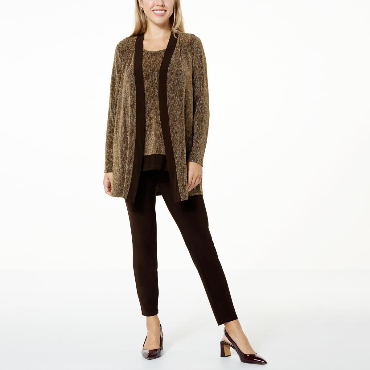 Nina Leonard 3-piece Glitter Knit Cardigan Tank and Pant Set | HSN