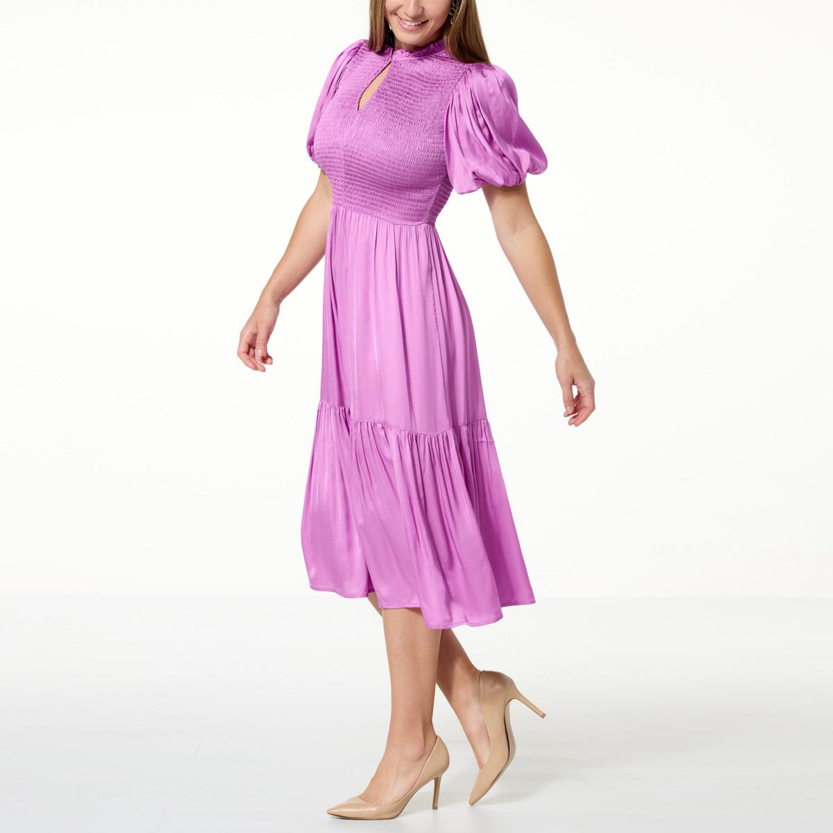 La Joie Bubble-Sleeve Smocked Bodice Satin Midi Dress - 20919671 | HSN