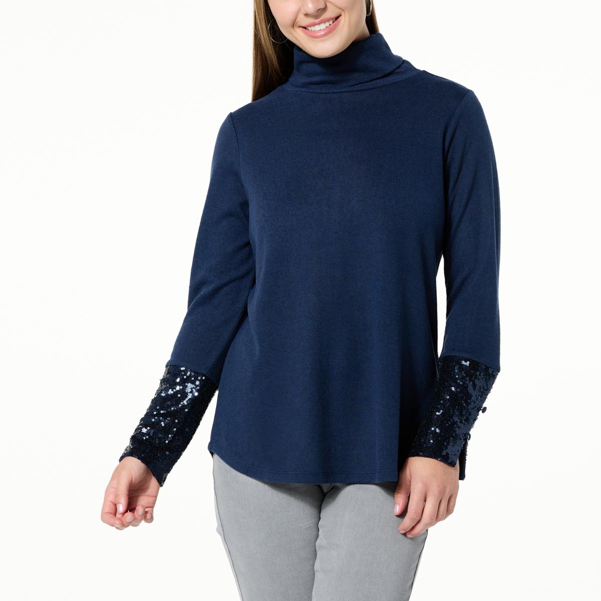 DG2 by Diane Gilman Brushed Knit Sequin Cuff Turtleneck Sweater | HSN