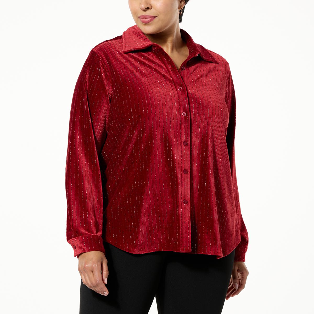 DG2 Metallic Stripe Velvet Button Down Shirt | HSN