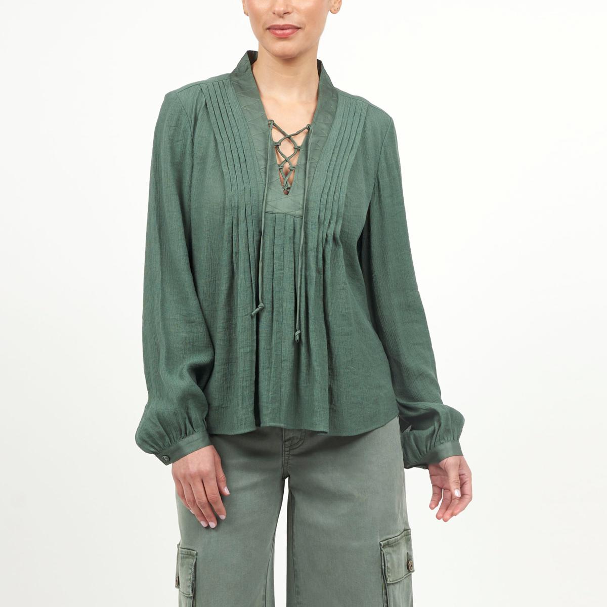 La Joie Micro Crepe Lace-Up Pleated Blouse - 22117633 | HSN