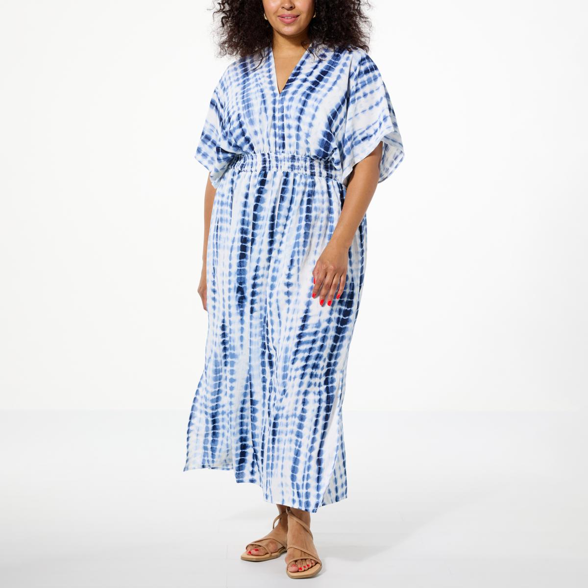 Nina Leonard Printed V-Neck Smocked Waist Maxi Dress | HSN