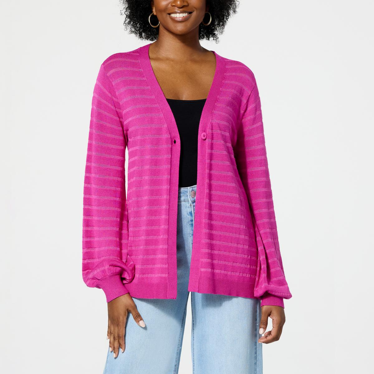 G by Giuliana Shadow Striped Knit Single Button Cardigan - 22508177 | HSN