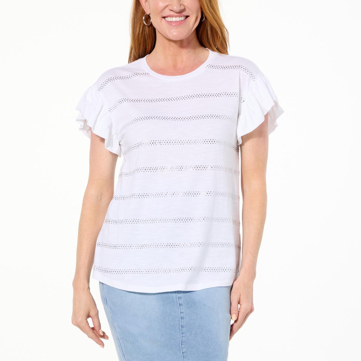 DG2 by Diane Gilman Flounce-Sleeve Top with Crystal Embellishments ...