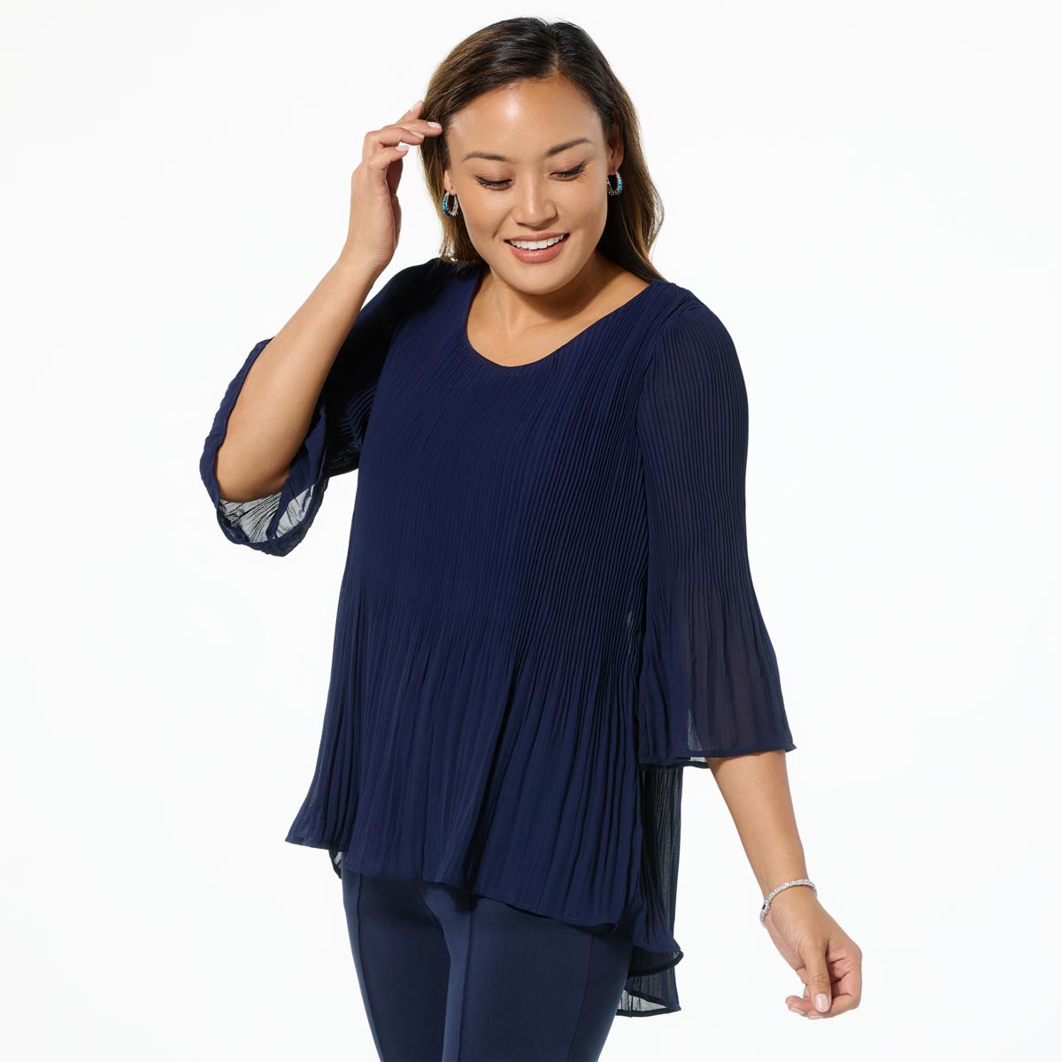 "As Is" Nina Leonard Pleated Chiffon Hi-Low Top | HSN