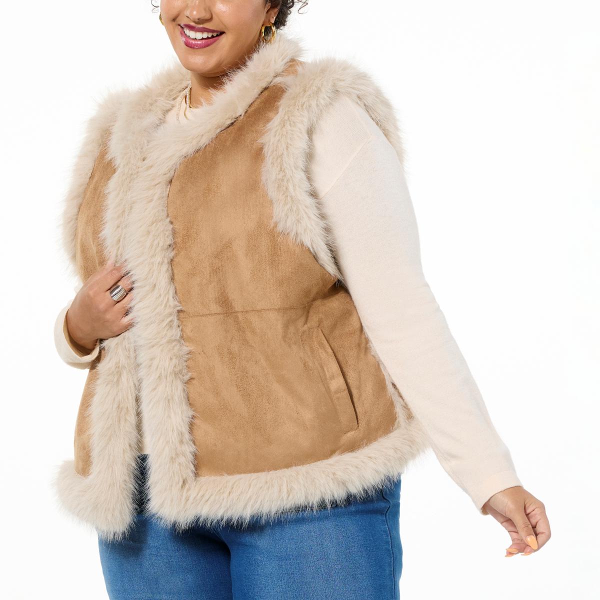 Jaclyn Smith Faux Suede Vest with Faux Fur Trim | HSN