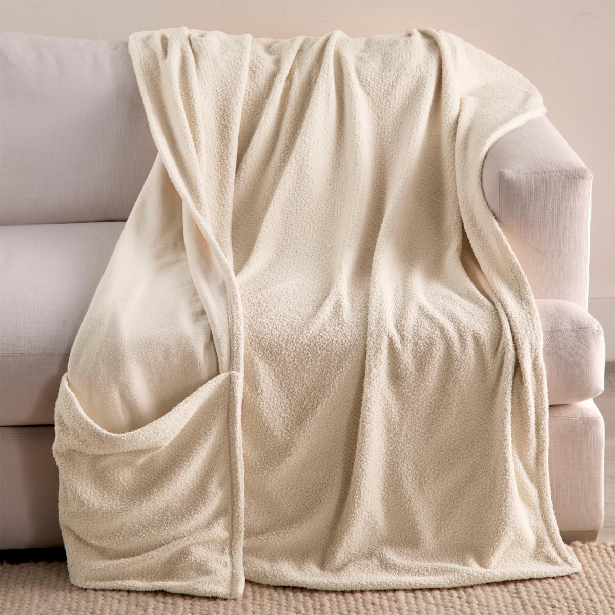 Comfort Code Marshmallow Sherpa Knit Throw Blanket with Foot Pocket | HSN