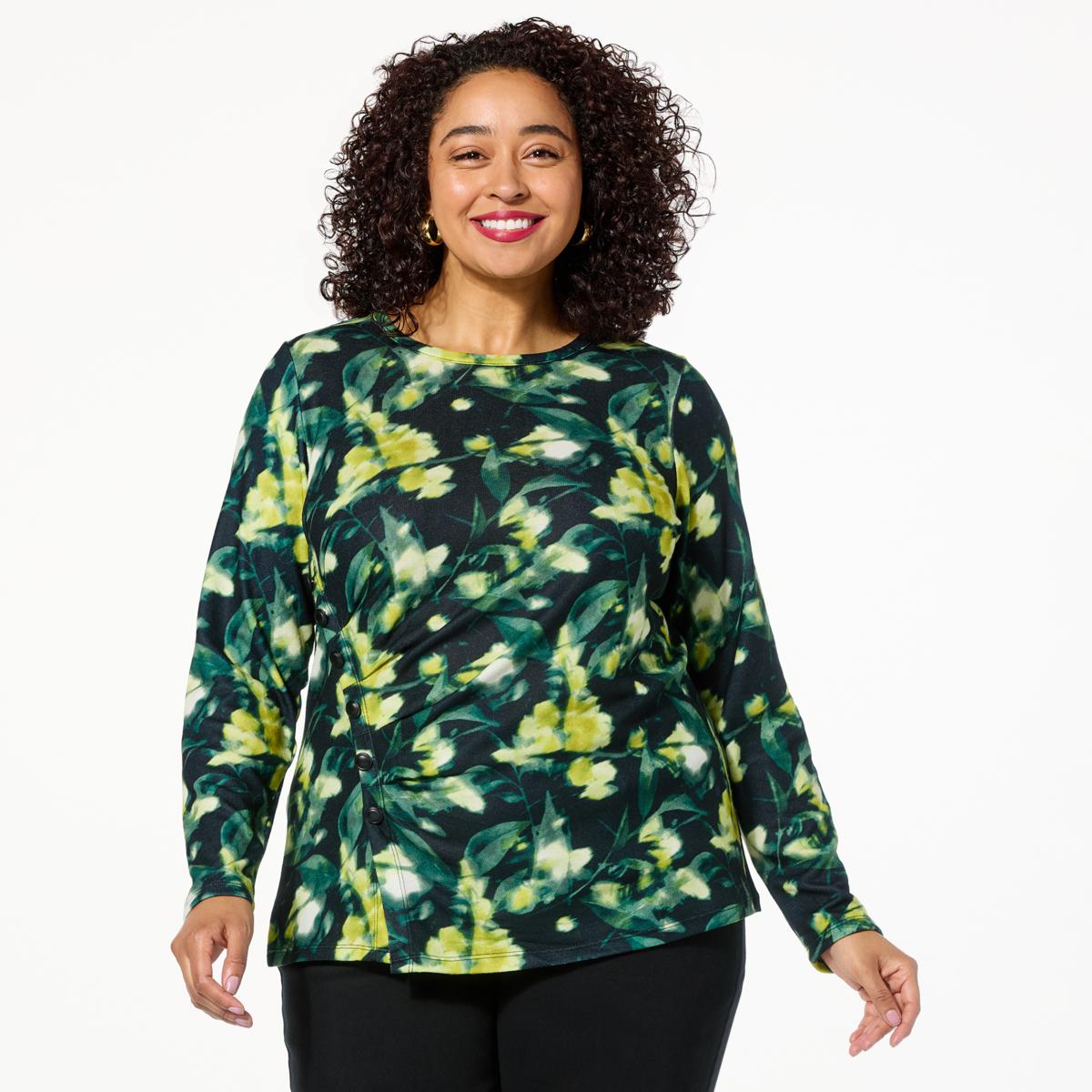 DG2 by Diane Gilman Printed Brushed Sweater Knit Novelty Button Top | HSN