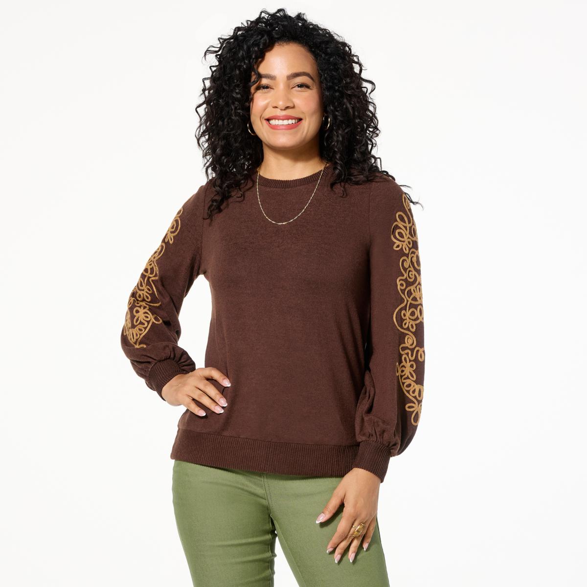 DG2 by Diane Gilman Brushed Sweater Knit Embroidered Crew-Neck Top | HSN
