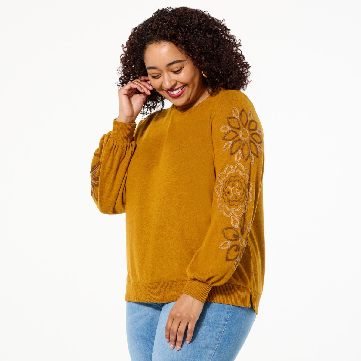 DG2 by Diane Gilman Brushed Sweater Knit Embroidered Crew-Neck Top | HSN