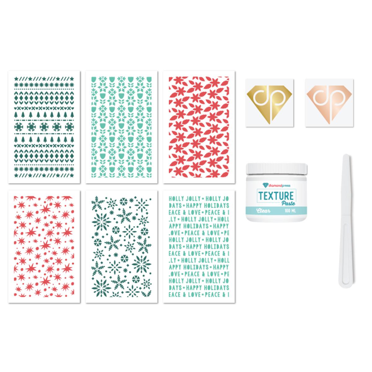 Diamond Press Happy Holidays Clear Texture Paste & Set of 6 Stencils | HSN