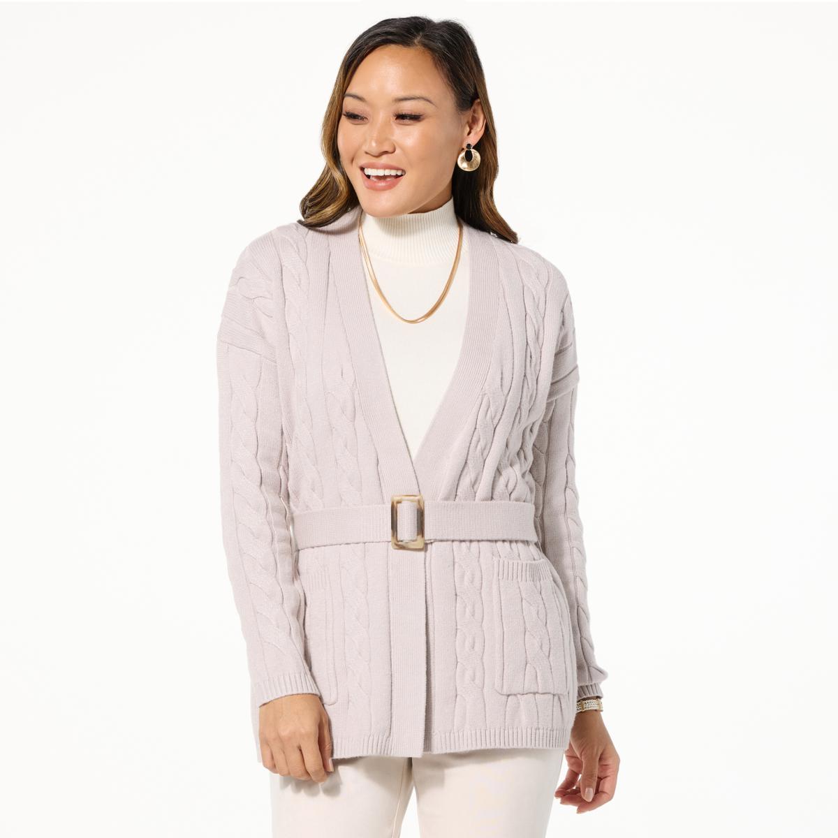 GREY by Jhoan Sebastian Grey Cable Knit Belted Cardigan - 23304474 | HSN