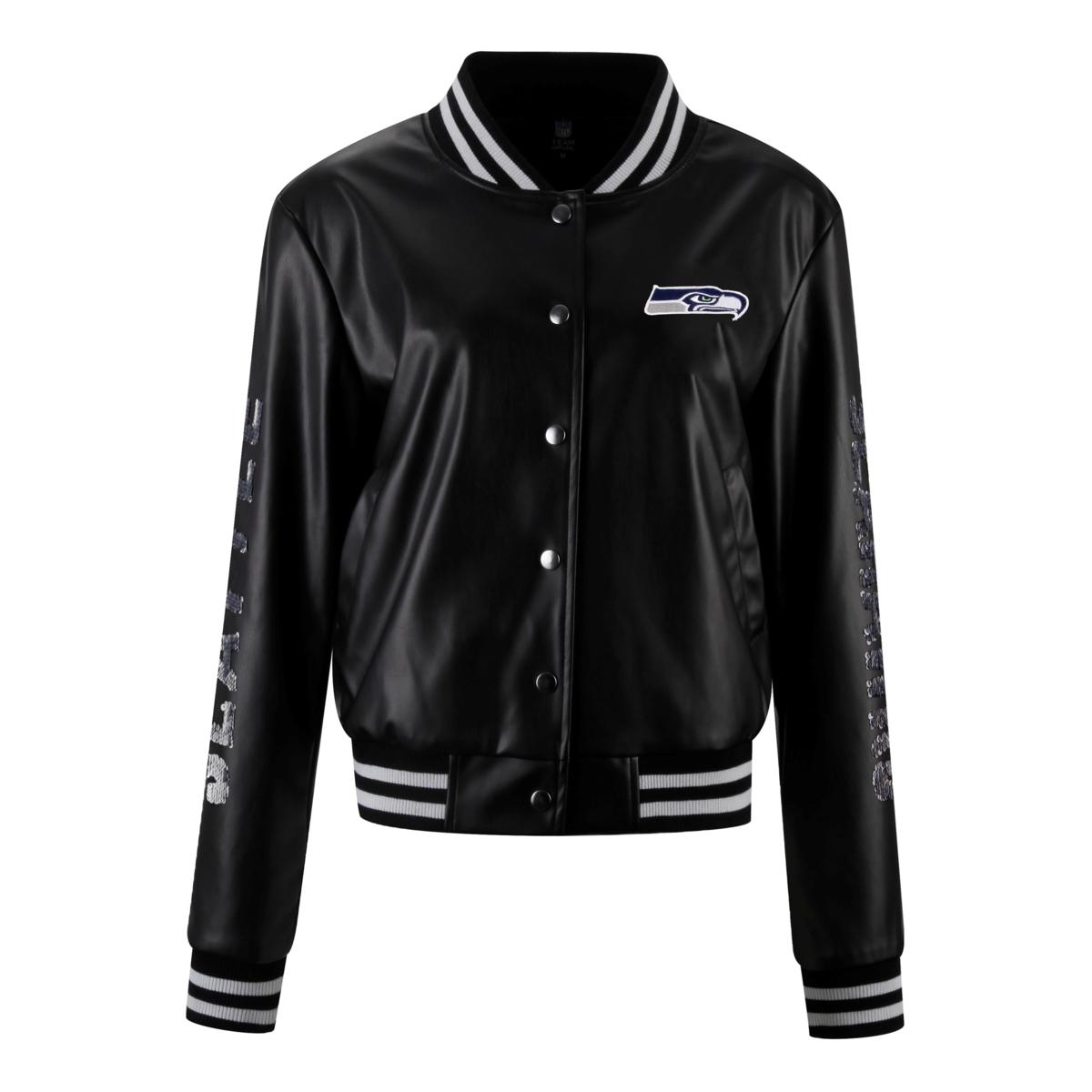 Officially Licensed NFL Sequin Logo Faux Leather Bomber Jacket ...