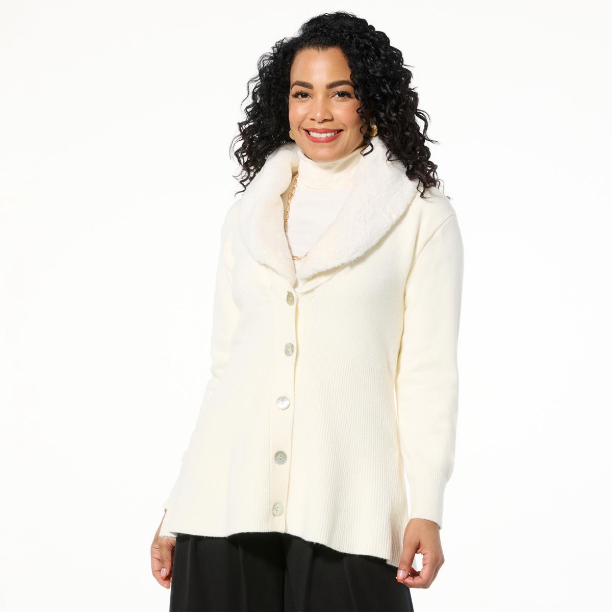 WynneCollection SoftKNIT Removable Faux Fur Collar Cardigan | HSN