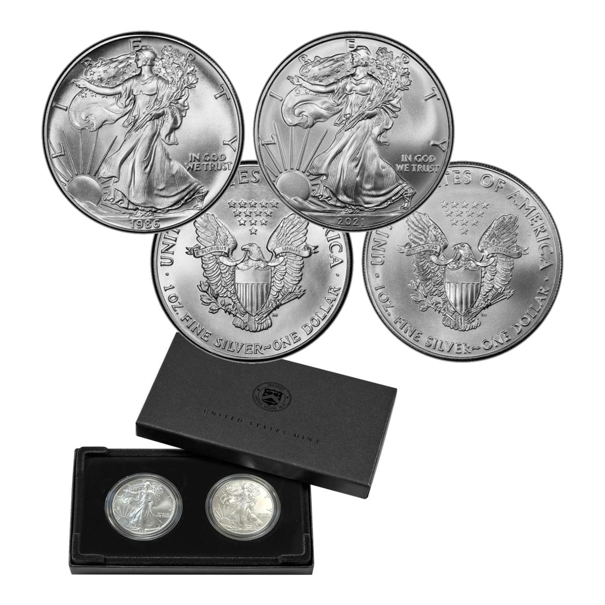 1986 and 2021 First and Last Heraldic Eagle Reverse Silver Eagle Set | HSN