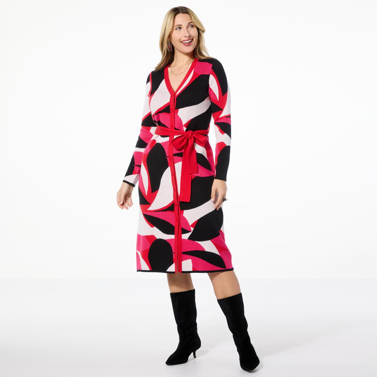 LB70 by Lloyd Boston Throw & Go Belted Sweater Knit Jacquard Dress | HSN