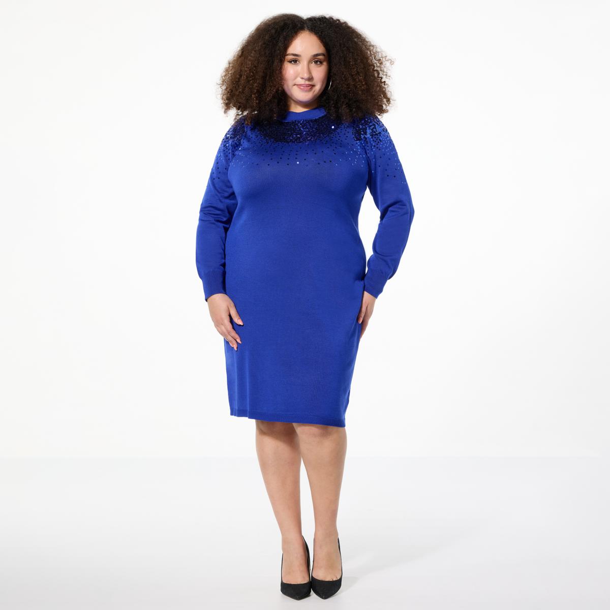 Nina Leonard Sequin Mock Neck Sweater Dress | HSN