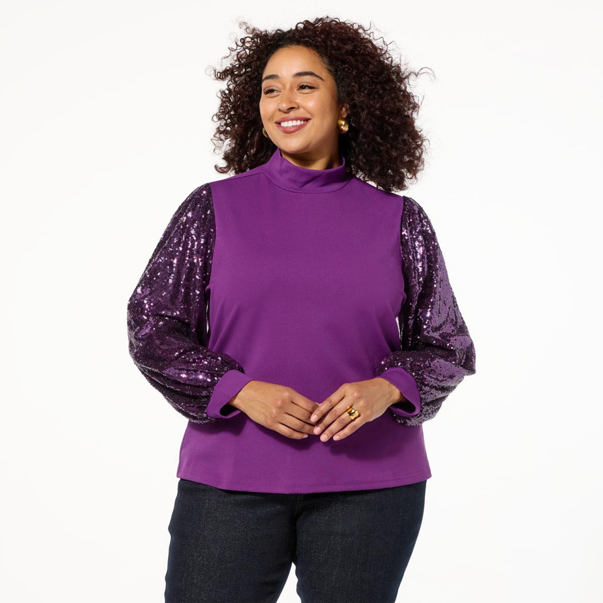 "As Is" DG2 by Diane Gilman Sequin Sleeve Mock-Neck Top | HSN