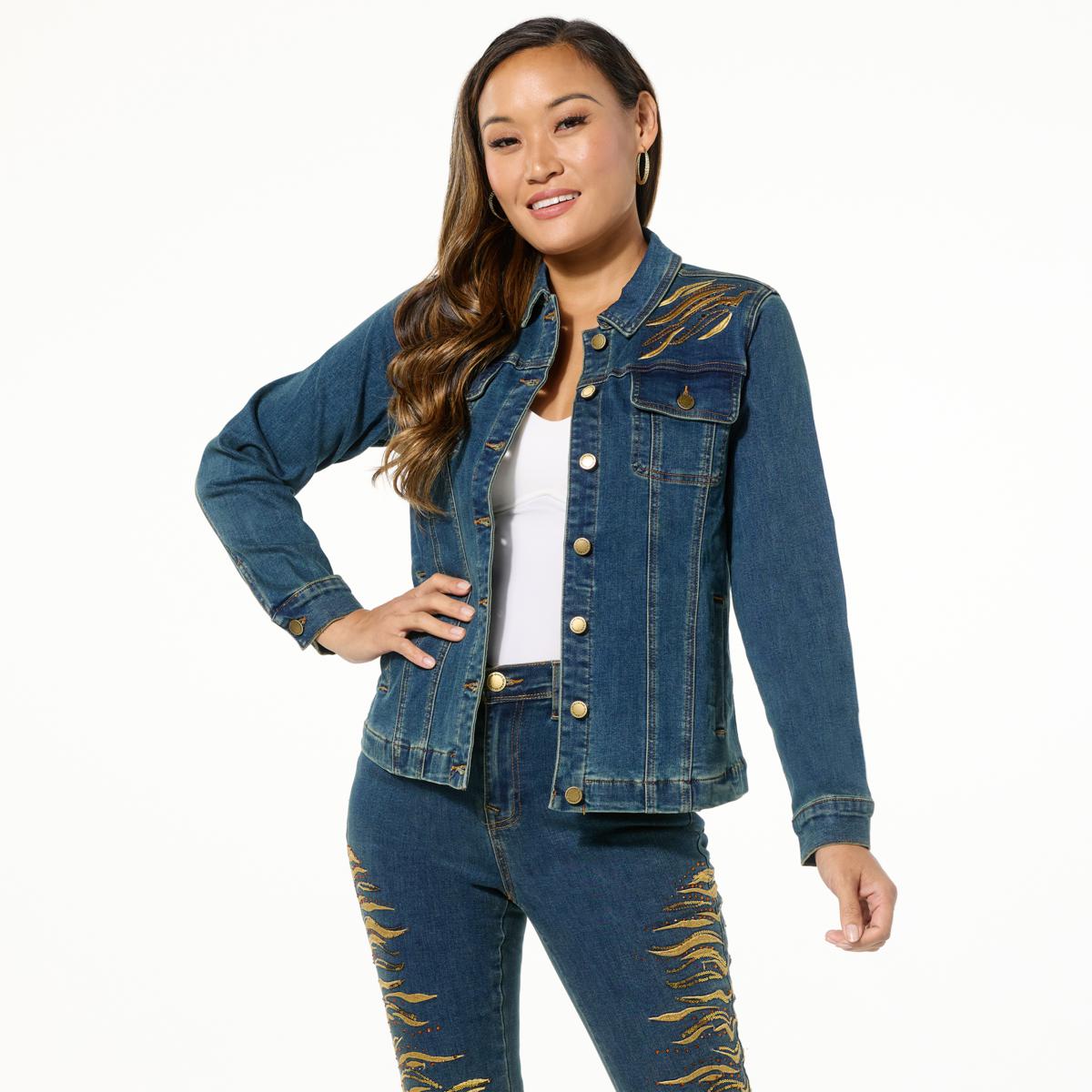 DG2 by Diane Gilman New Classic Stretch Denim Embellished Jean Jacket ...