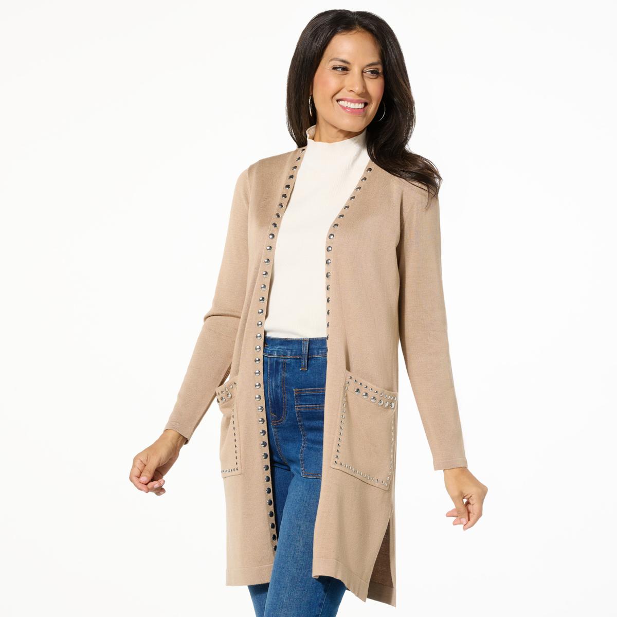 Nina Leonard Long Sleeve Studded Sweater Knit Cardigan | HSN