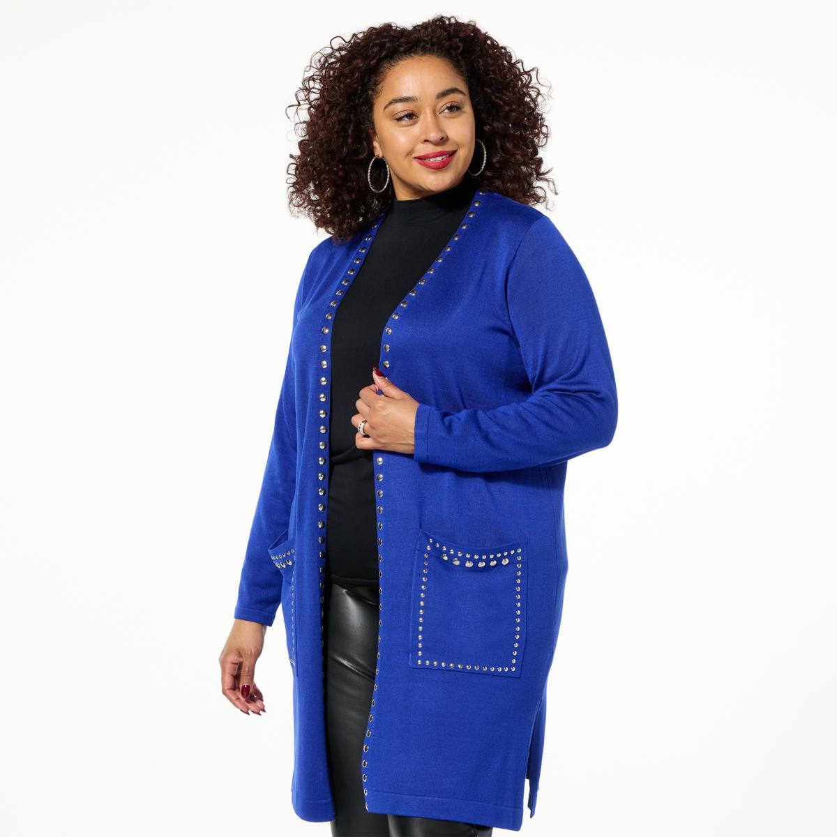 Nina Leonard Long Sleeve Studded Sweater Knit Cardigan | HSN