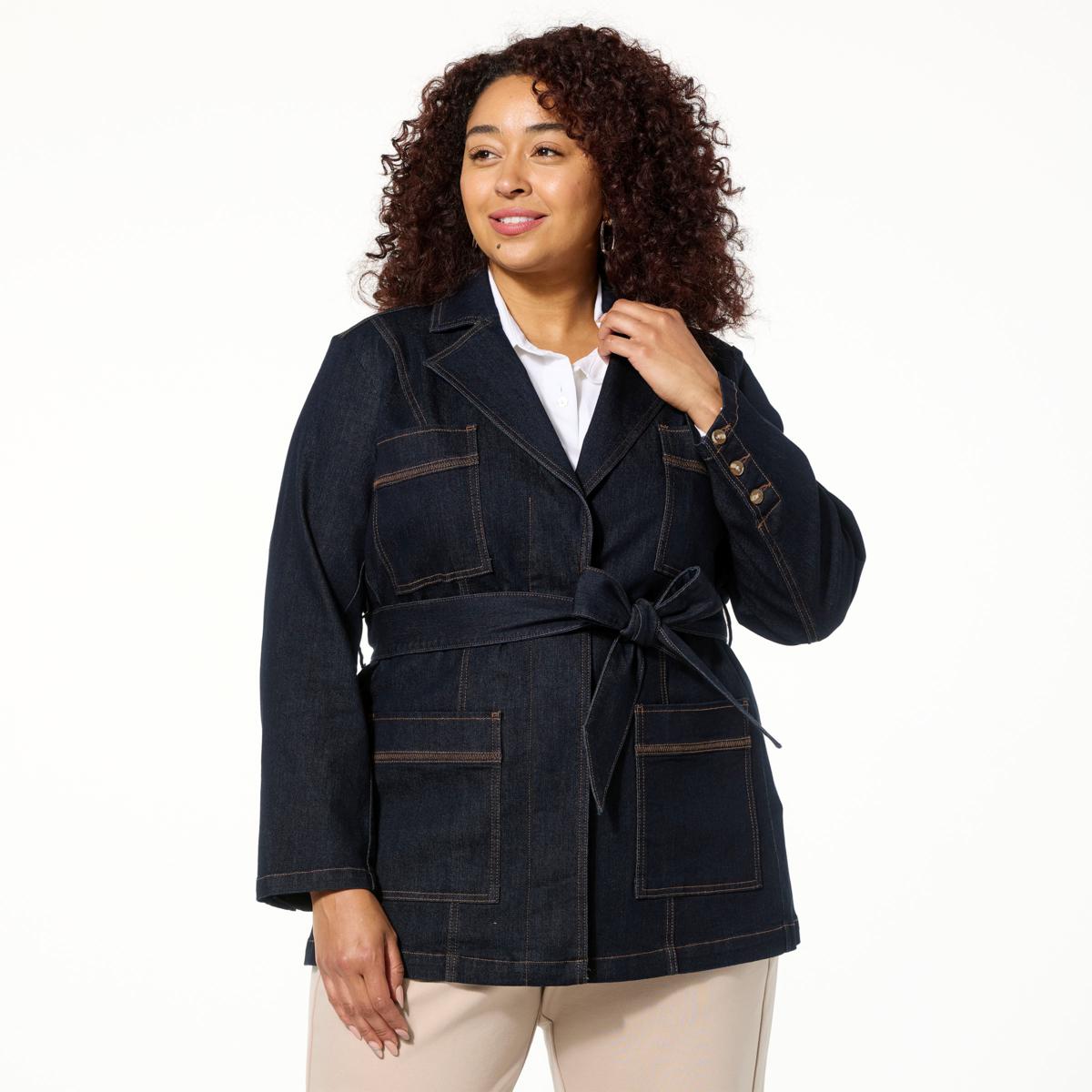 WynneDenim Patch Pocket Belted Stretch Denim Jacket | HSN
