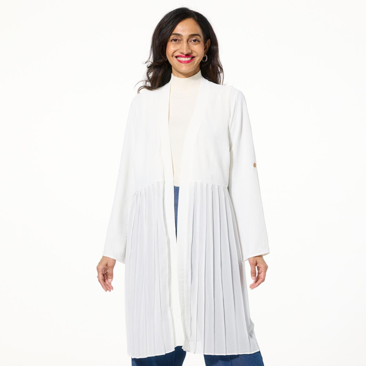 Nina Leonard Textured Wave and Pleated Chiffon Cardigan | HSN