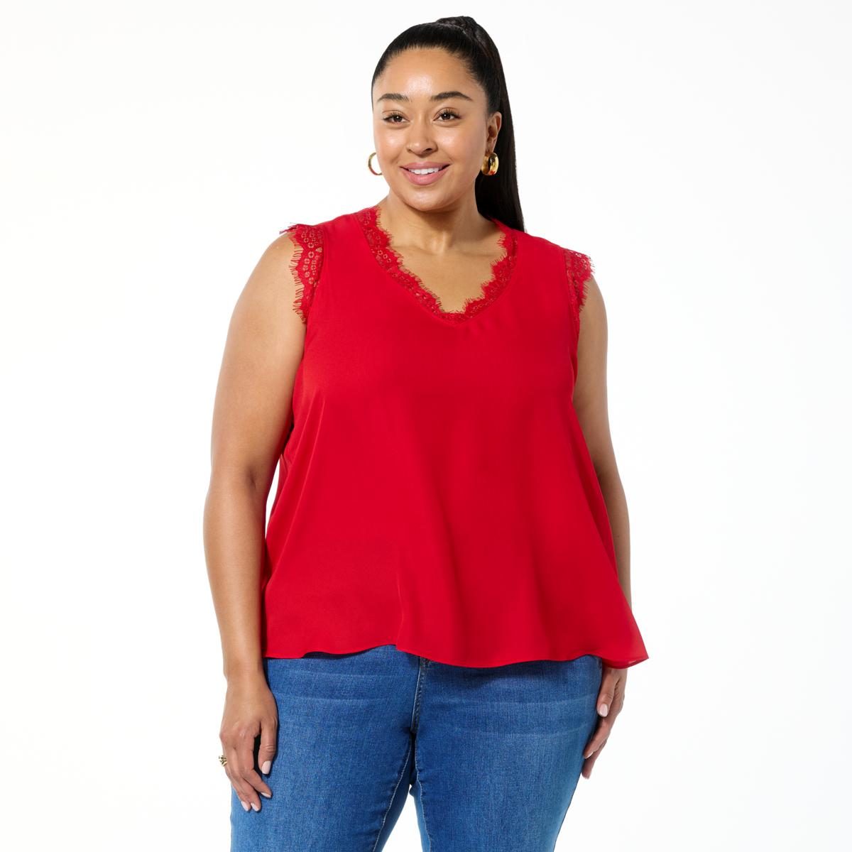 IMAN Global Chic Woven V-Neck Tank Top with Lace Trim | HSN