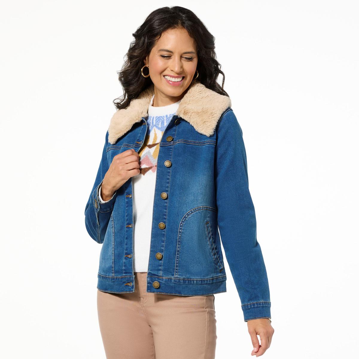 DG2 by Diane Gilman New Classic Stretch Denim Faux Fur Trimmed Jacket ...
