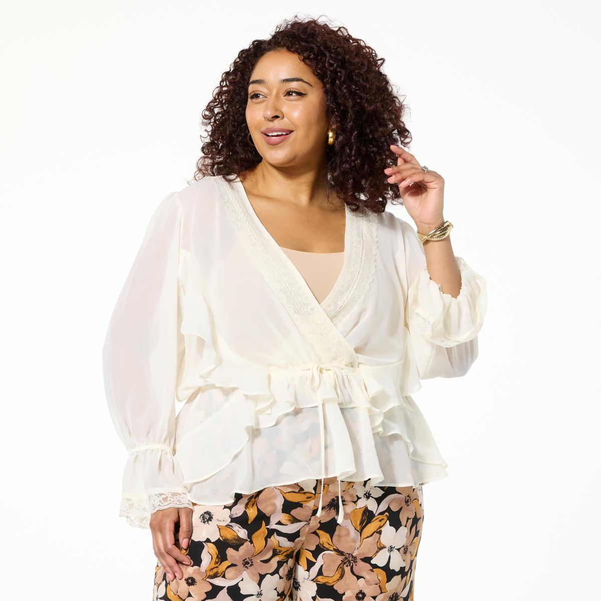 Colleen Lopez Woven Chiffon Ruffled Top with Lace Trim - 23379439 | HSN