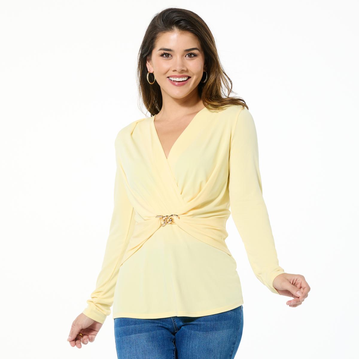 IMAN Global Chic Buckled Knit Cross-Front Top | HSN