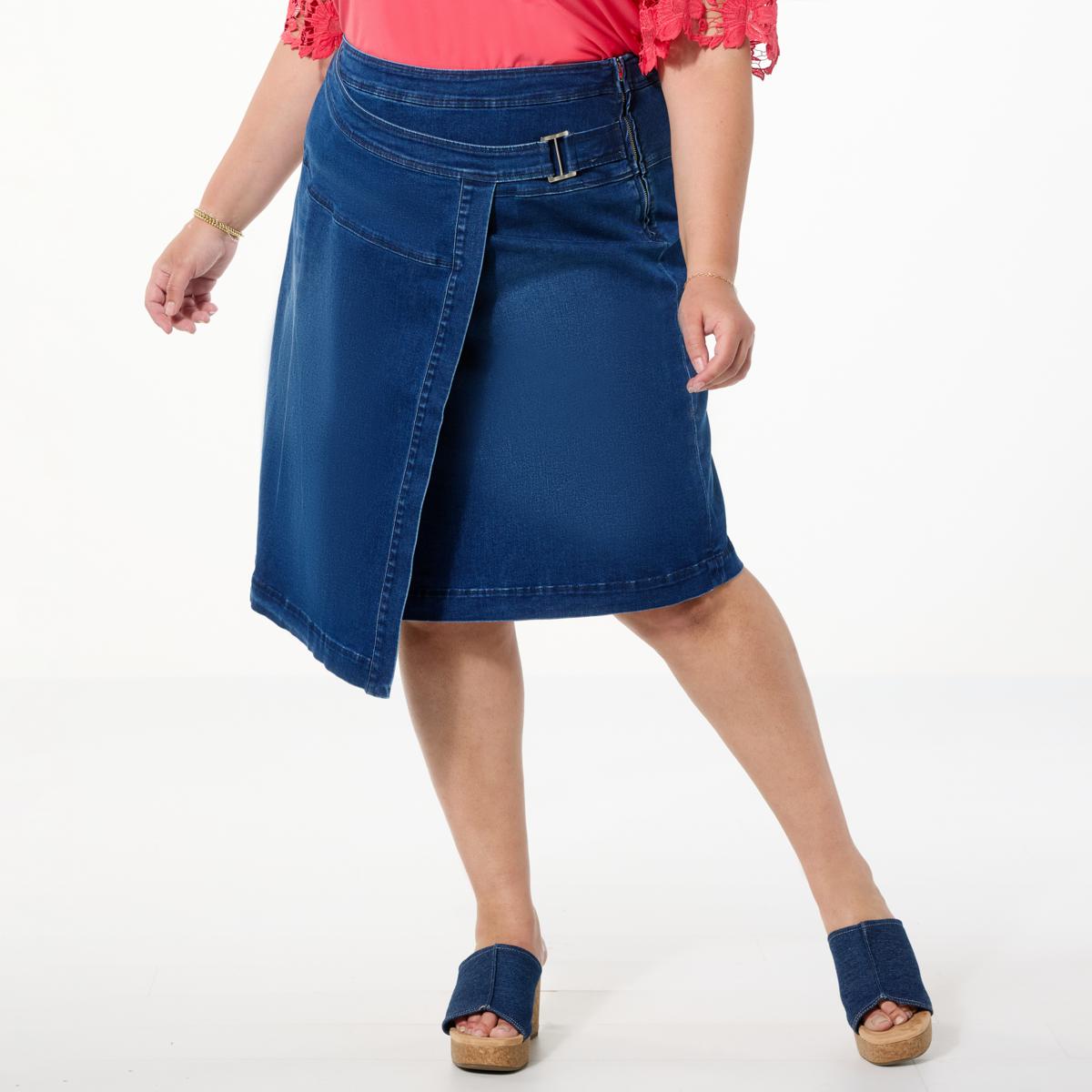 Colleen Lopez Stretch Denim Faux Wrap Skirt with Belt | HSN
