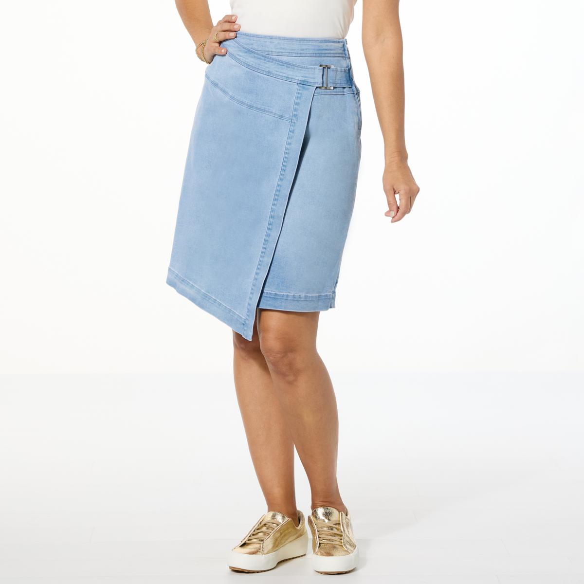 Colleen Lopez Stretch Denim Faux Wrap Skirt with Belt | HSN