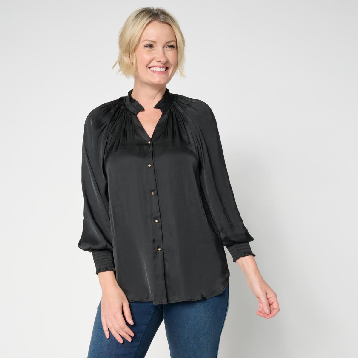G by Giuliana Woven Button Front Blouse with Ruffle Detail | HSN