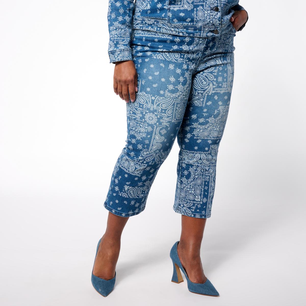 DG2 by Diane Gilman New Classic Stretch Scarf Print Straight Crop Jean ...