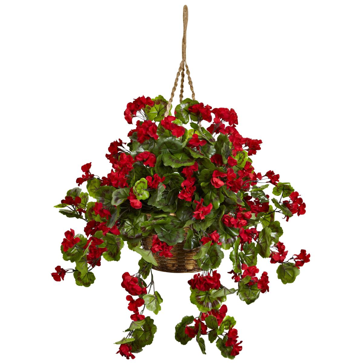 Nearly Natural Red Geranium Hanging Basket UV-Resistant Indoor/Outdoor ...