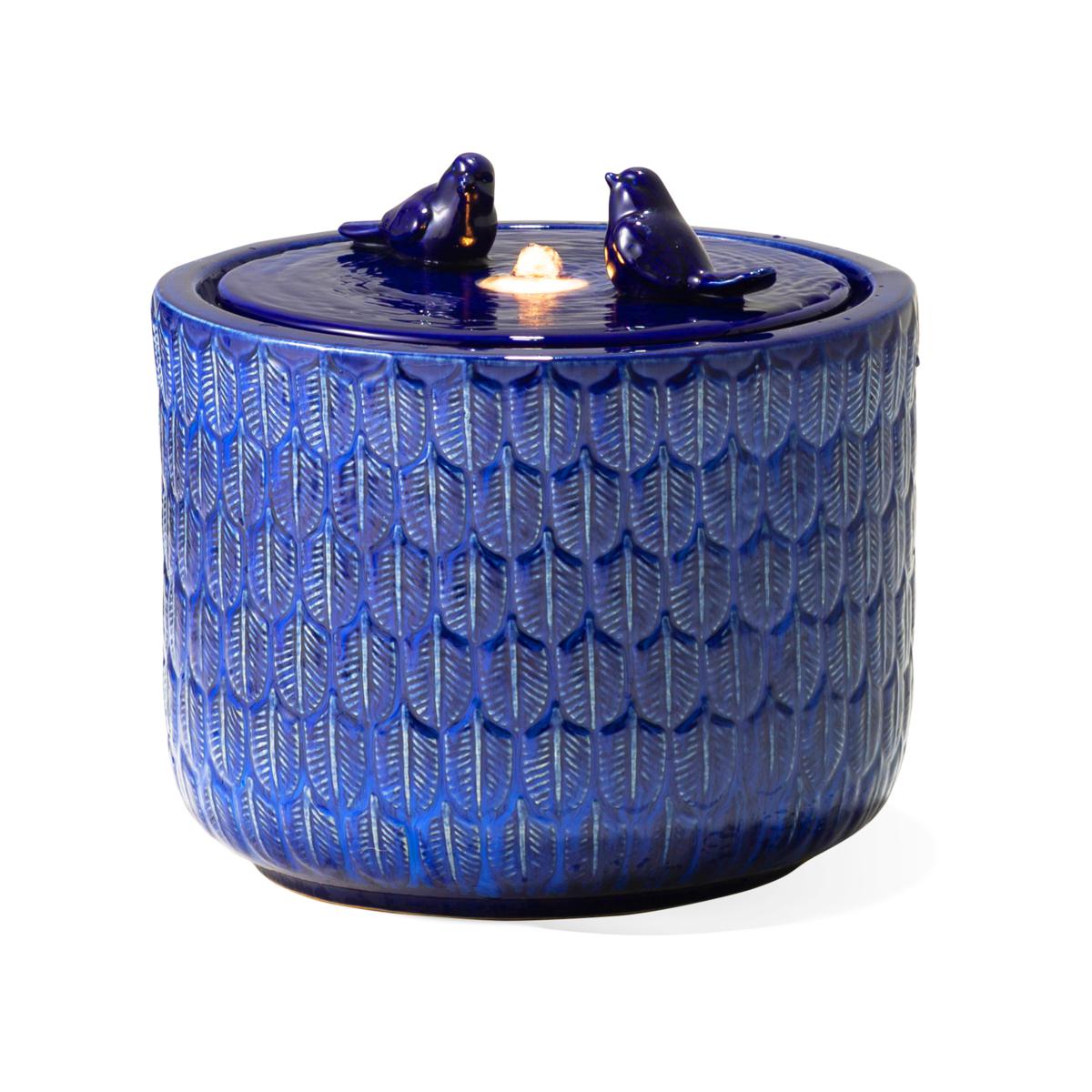 14.75"H Cobalt Blue Birds Leaf Pattern Ceramic Fountain, Pump & Light | HSN