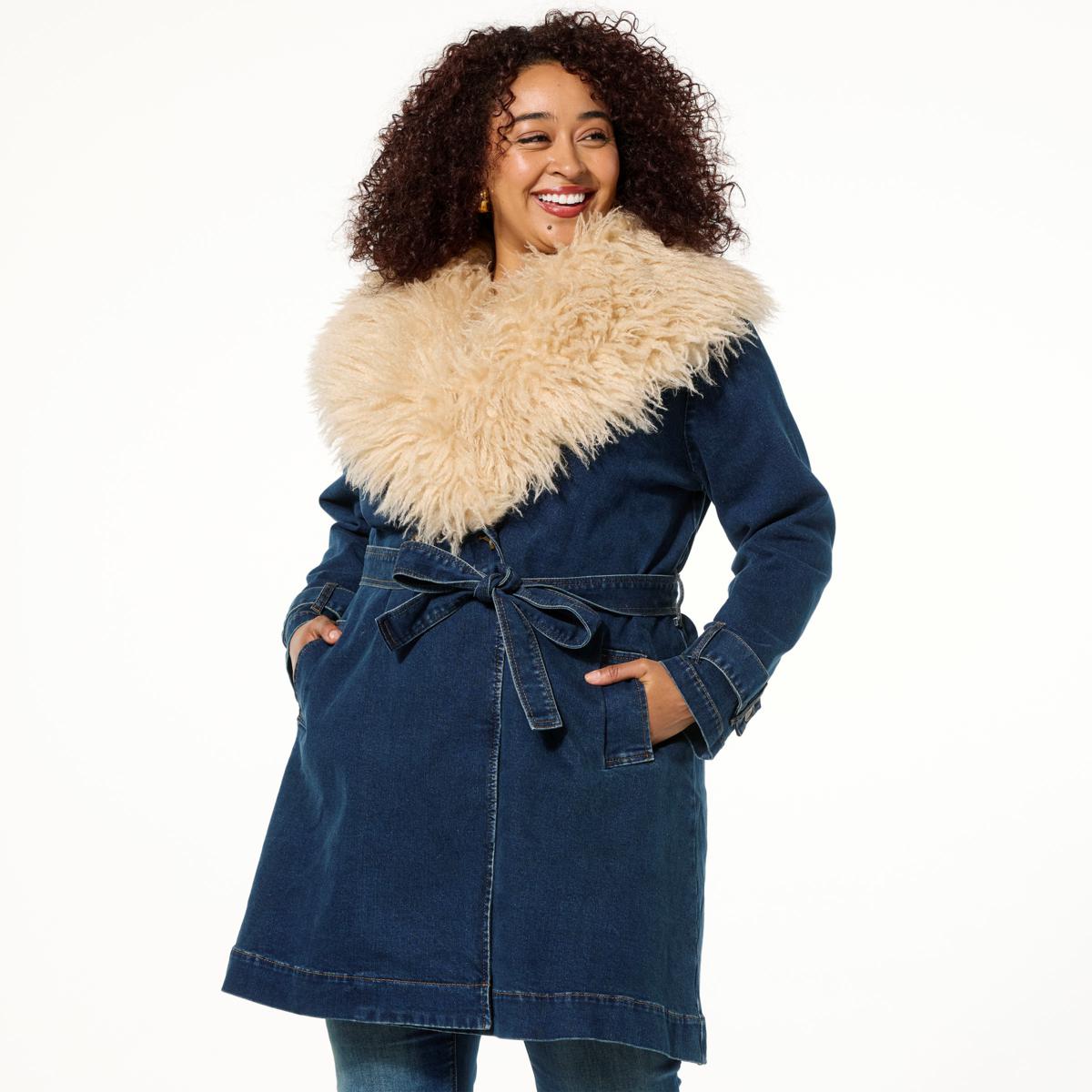 DG2 by Diane Gilman Faux Fur Trimmed Stretch Denim Trench Coat ...