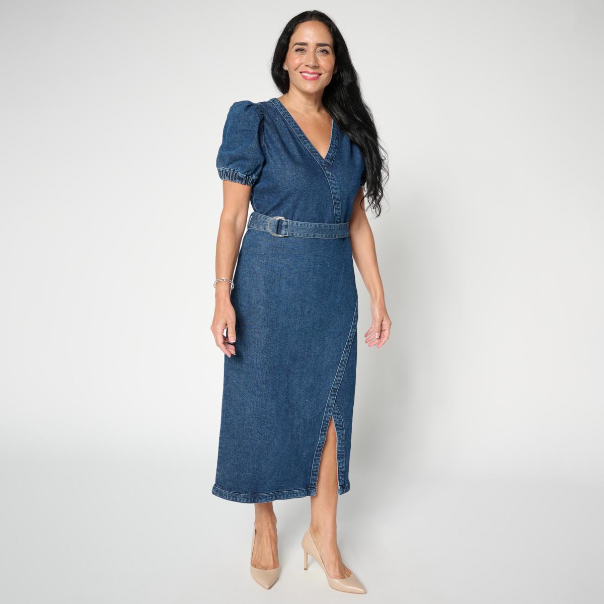 G by Giuliana Puff-Sleeve Denim Dress with Belt - 23550252 | HSN