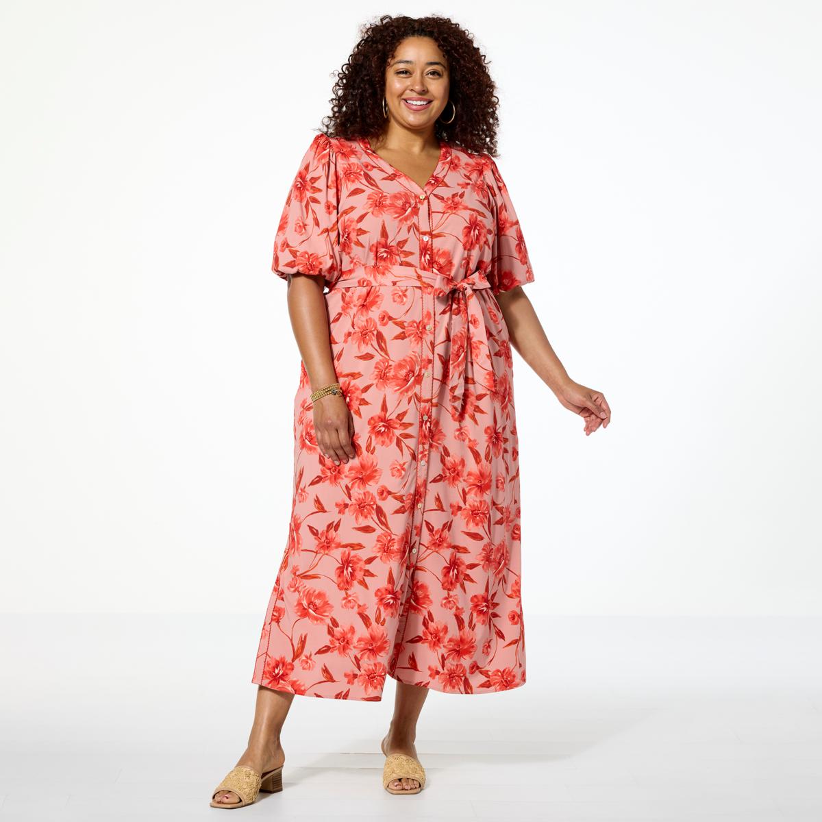 G by Giuliana Woven Embroidered Puff-Sleeve Midi Dress | HSN