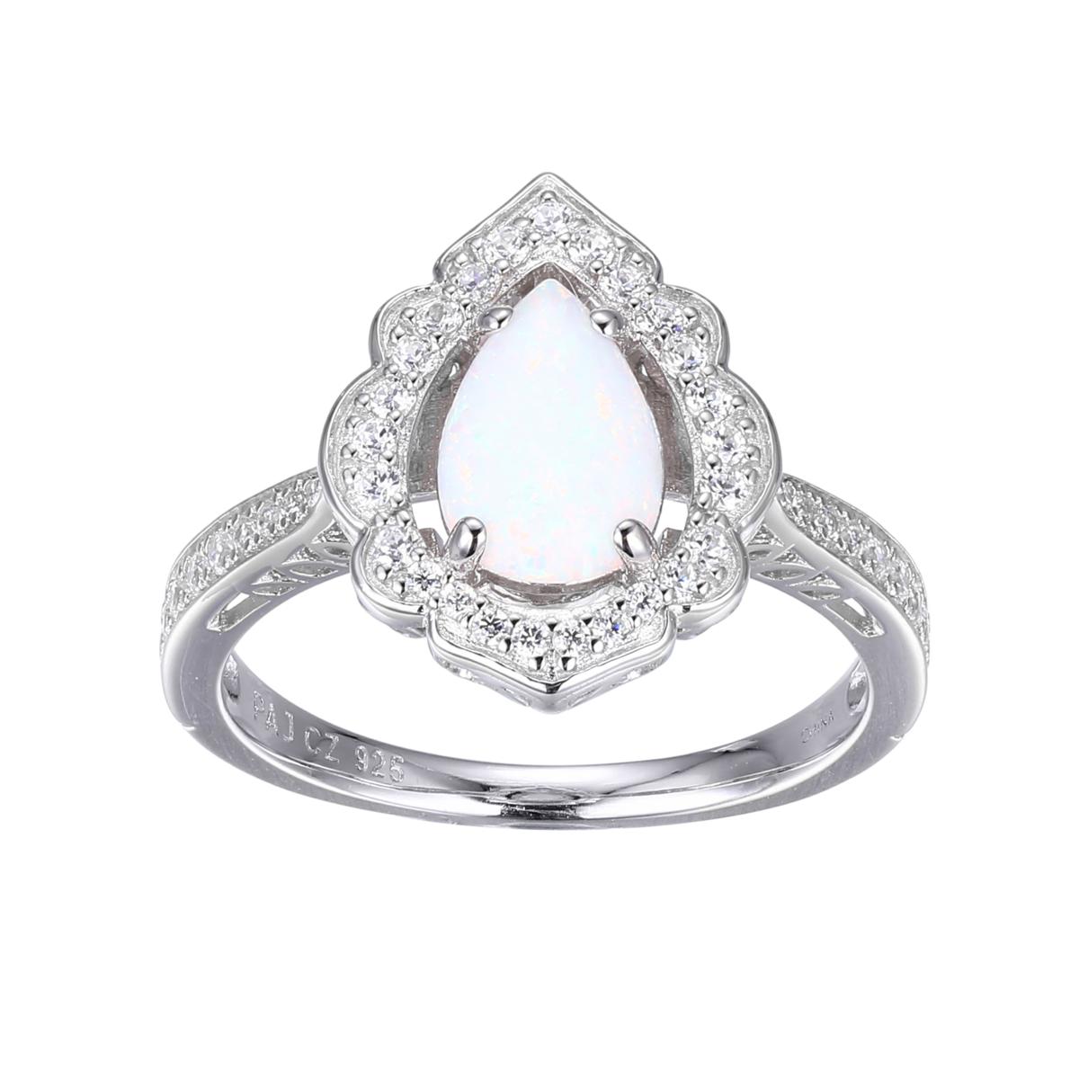 Sterling Silver Pear-Shape Created Opal and CZ Halo Ring | HSN