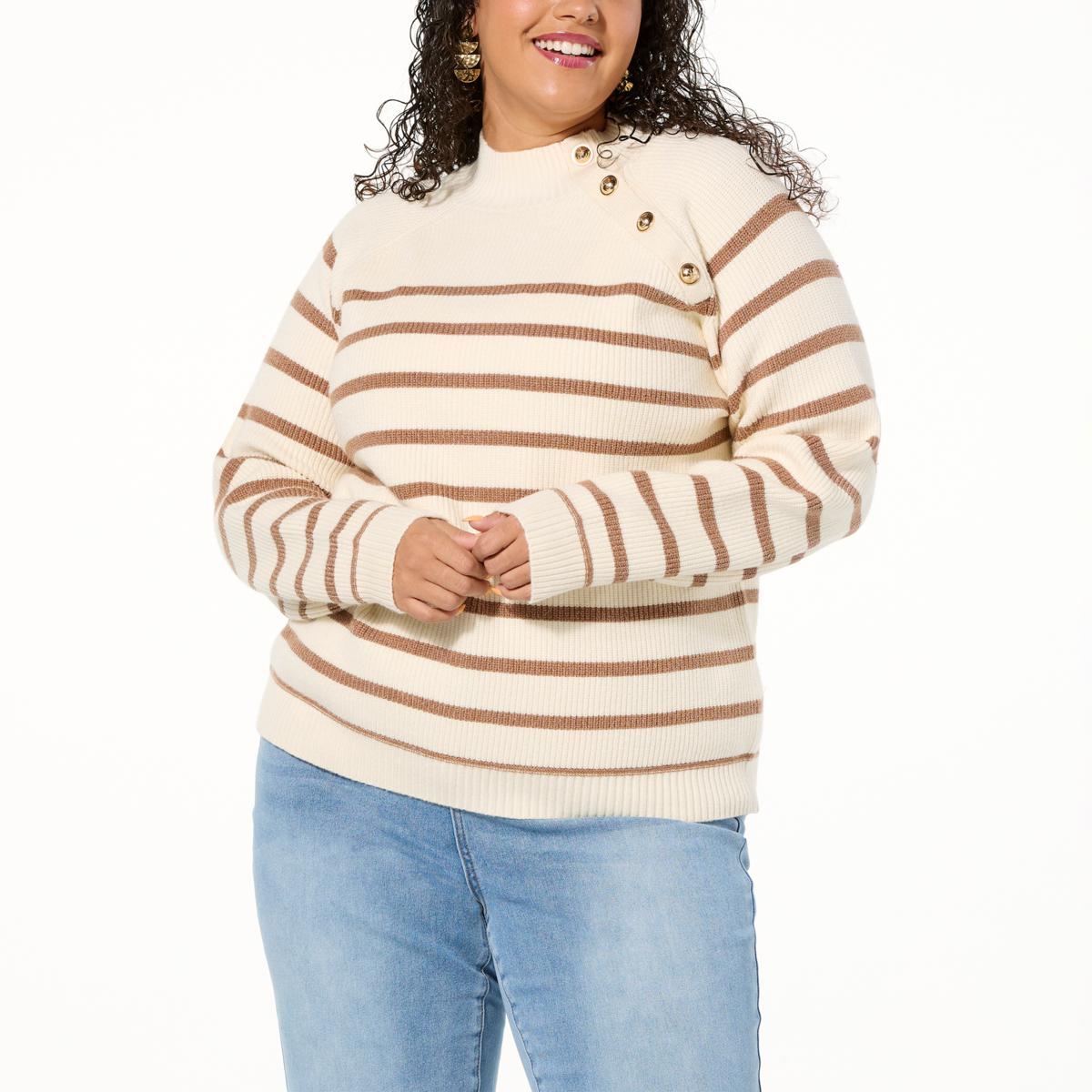 TWRHLL by Christie Brinkley Striped Mock-Neck Sweater - 23273949 | HSN